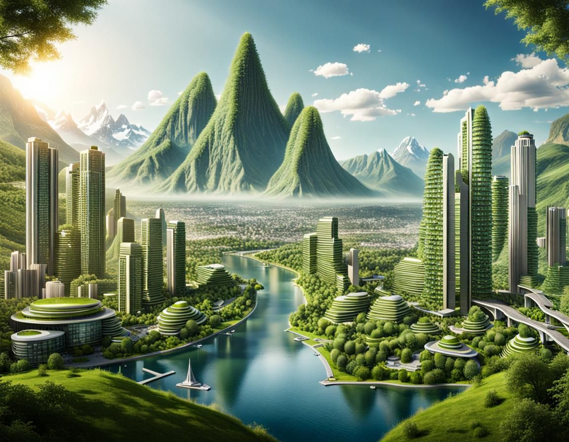 The perfect Eco utopia city with artificial mountain in the background ...