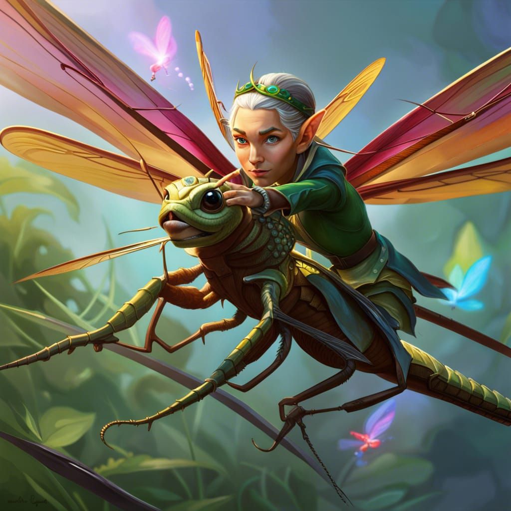 Elf riding a dragonfly - AI Generated Artwork - NightCafe Creator