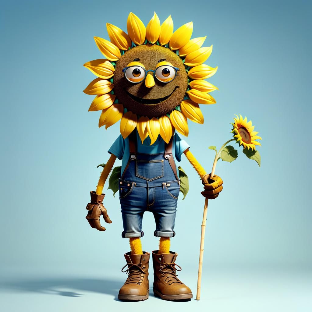 Anthropomorphic sunflower with stick arms and legs, wearing jeans and a ...