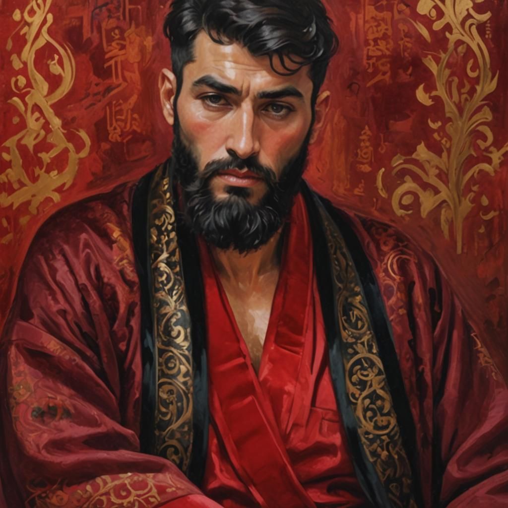 Habib Jabburi, a handsome Iraqi Arab with black hair and beard, wearing ...