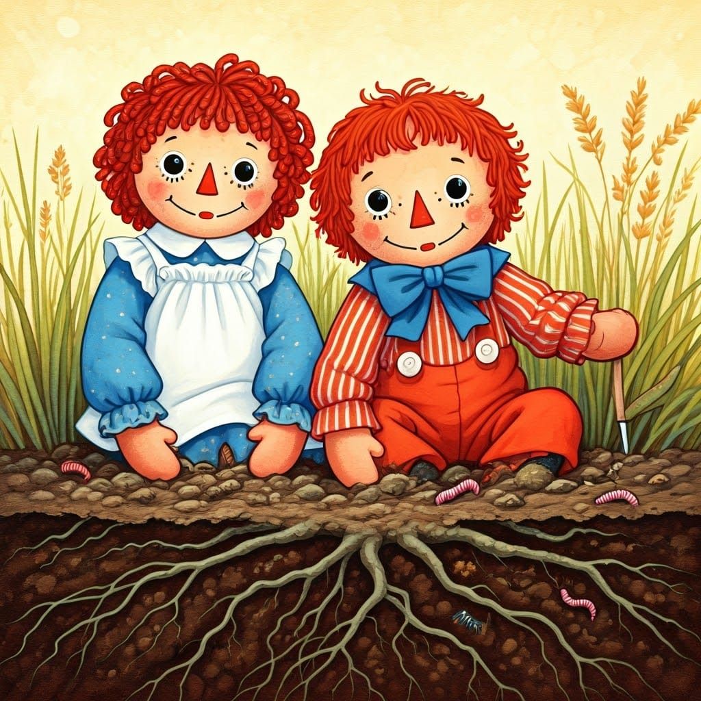 Raggedy Ann and Andy as gophers digging through the earth.