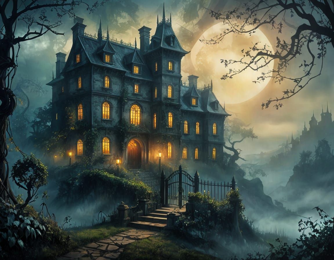 Misty Manor - Ethereal Fantasy Manor in Moonlit Watercolor