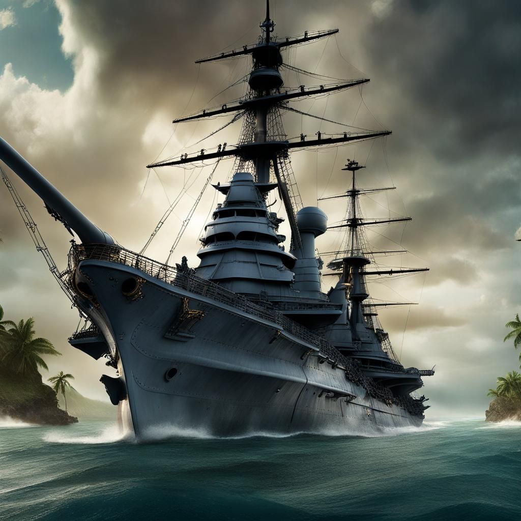 Uss Missouri as pirate ship in Tortuga, in the style of world of ...