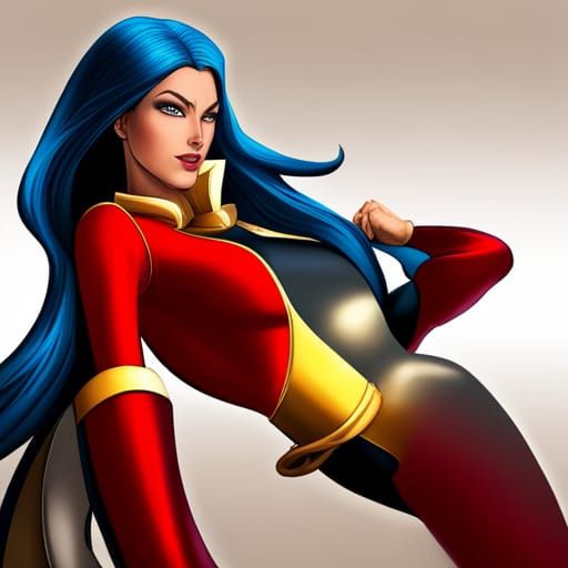 Beautiful female super heroine, with long blue hair, green eyes, pretty ...