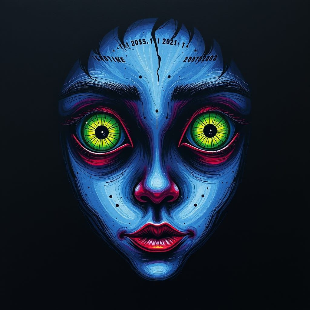 A pointillism face with Two LARGE bright green eye... - AI Art