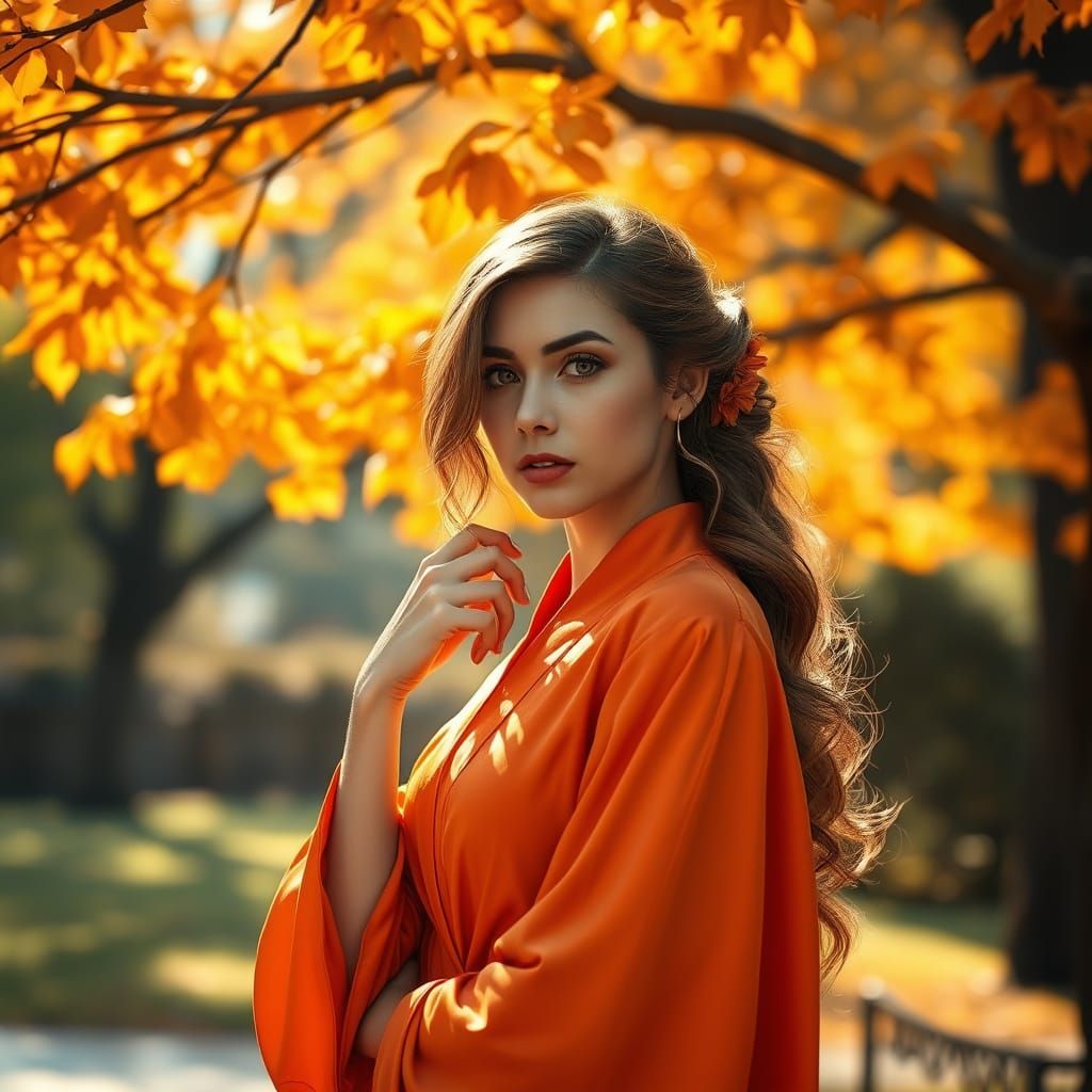 Elegant Woman in Vibrant Orange Robe Amidst Golden... - AI Art