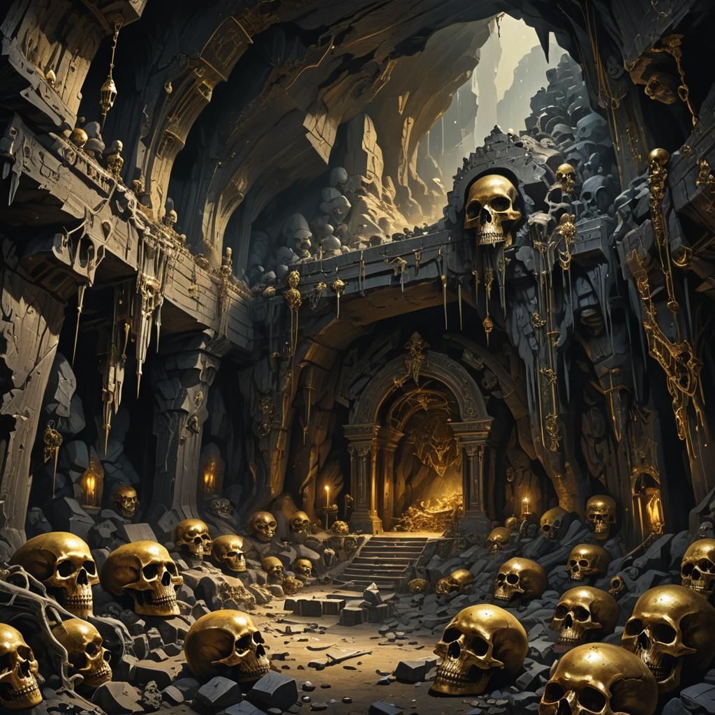 dark, creepy big cave with golden ornate sarcophagus, bones, crystal ...