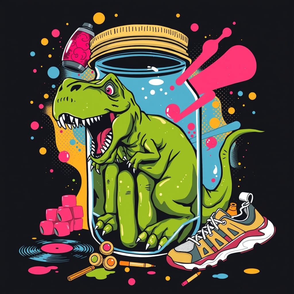 Pickle jar with a T-Rex dinosaur from mid 2000s Frutiger Metro inspired