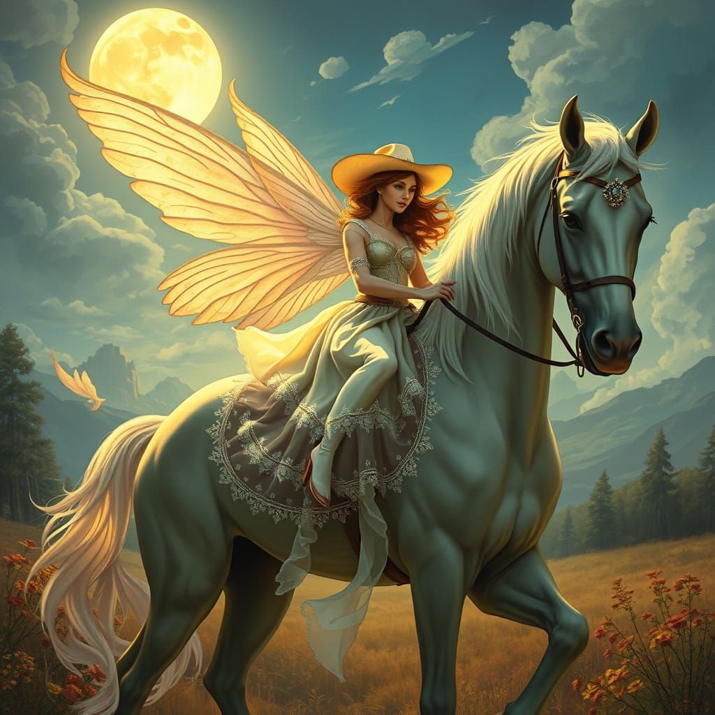 Mystical Fairy Rides Ethereal Horse Under Art Nouv... - AI Art
