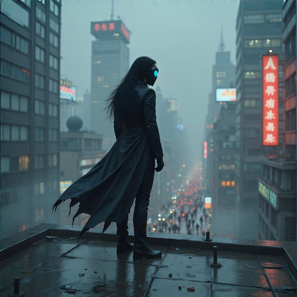 Cyberpunk Figure on Rooftop in Dystopian City - AI Art