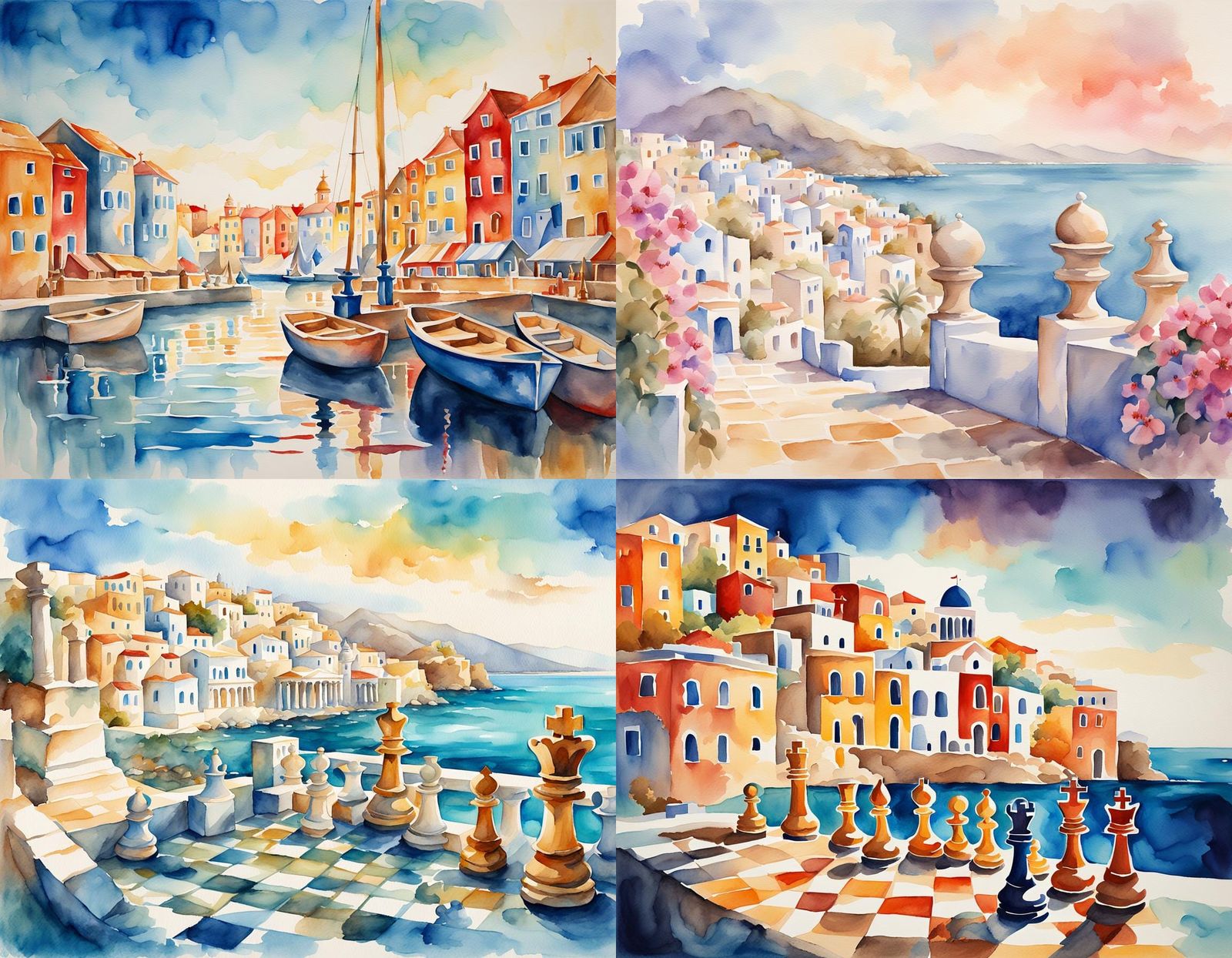 Landscape - Vibrant Coastal Cityscape in Watercolor Style