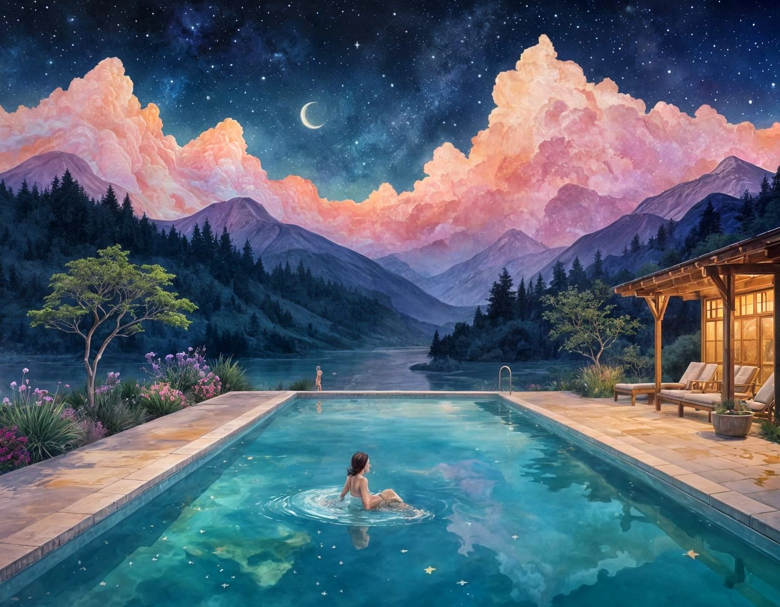 Starry Night Hot Spring Oasis in Ethereal Splendor - AI Art
