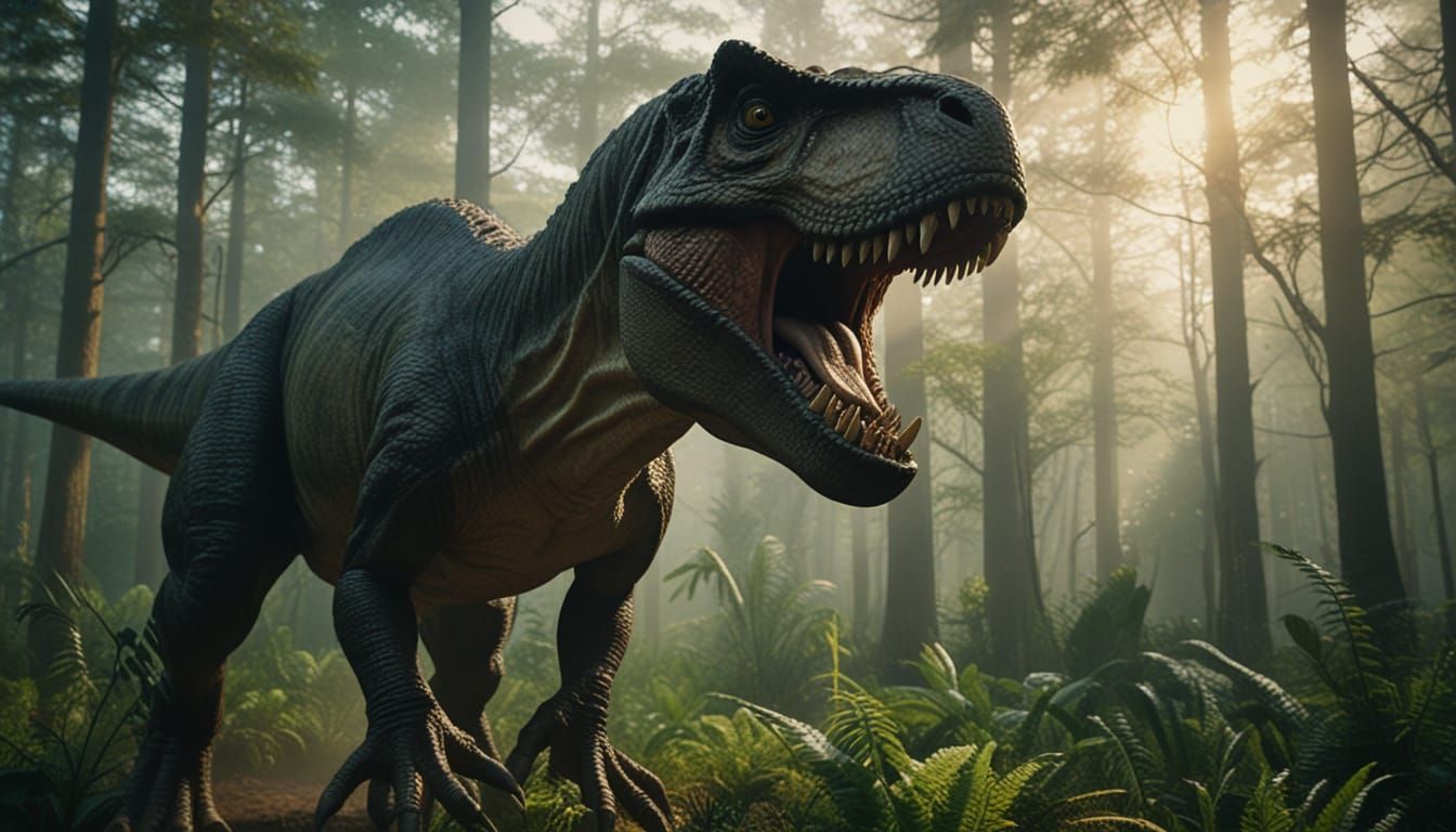Epic T-Rex Roars in Golden Hour Jurassic Forest - AI Art
