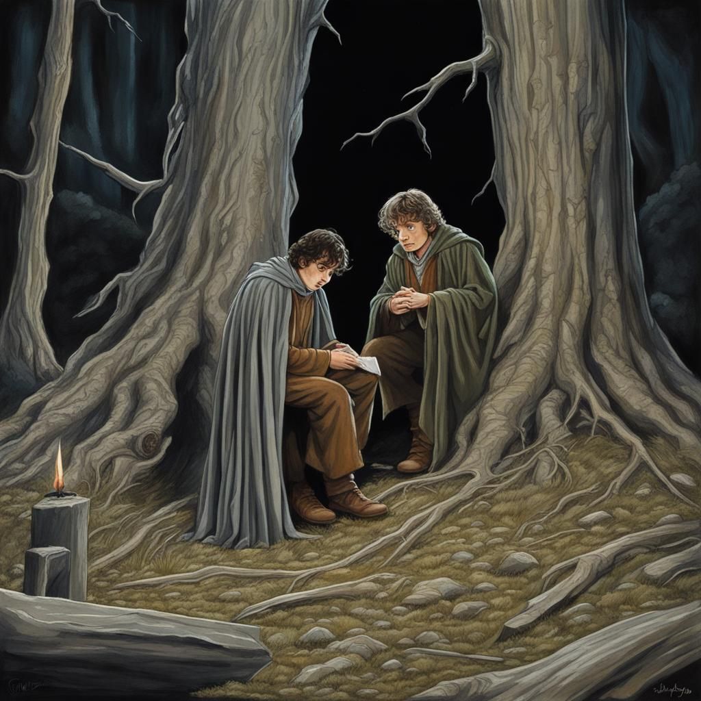 Frodo Baggins and Sam Gamgee look down at the fallen body of Saruman ...