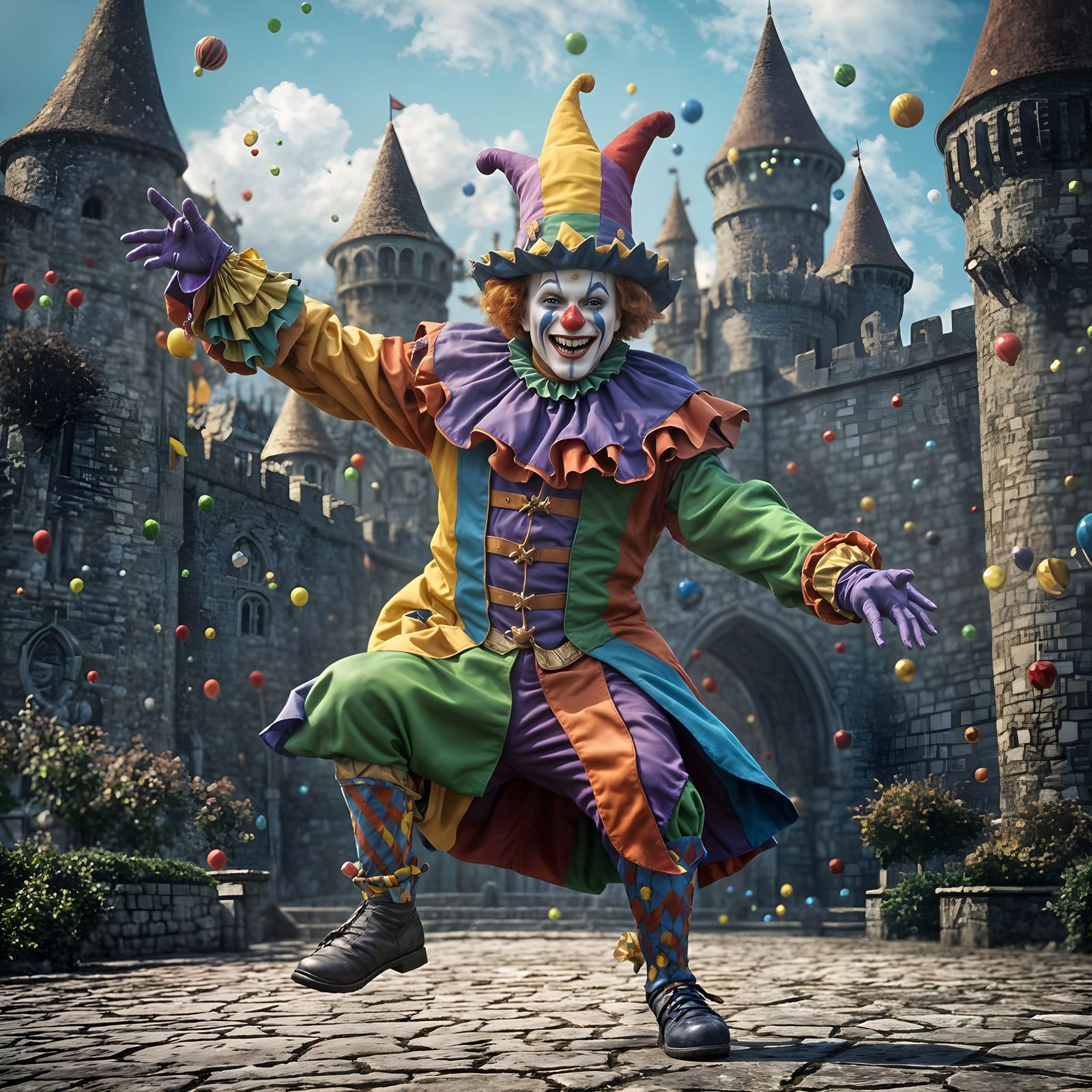 Jester - Medieval Jester Dances Before Castle in Vibrant Fan...