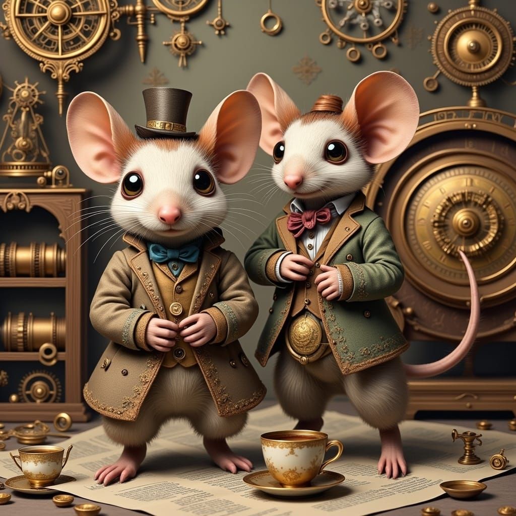 Steampunk Mice in Whimsical Watercolor - AI Art