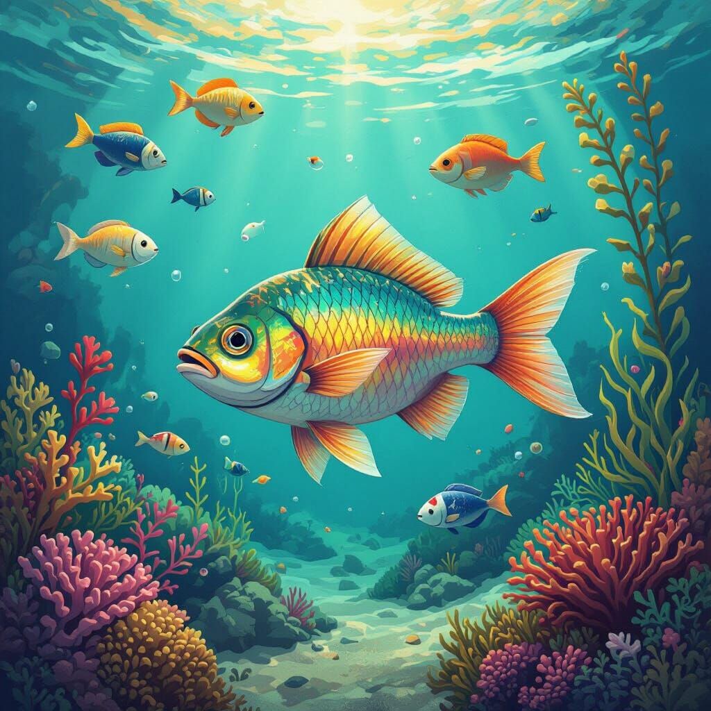 Happy Fish Léo Swimming in River: Digital Art - AI Art