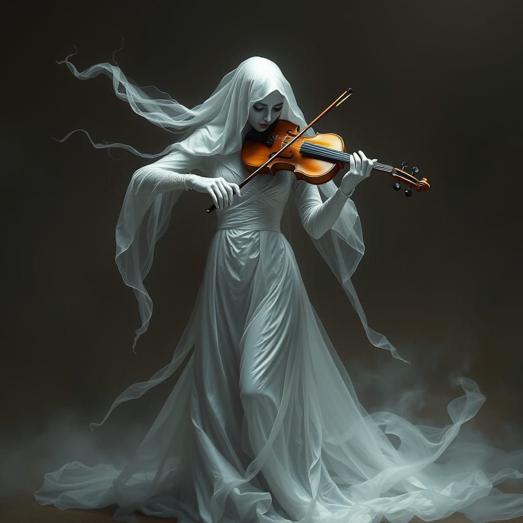 A ghostly figure in a silver flowing gown, playing a violin.