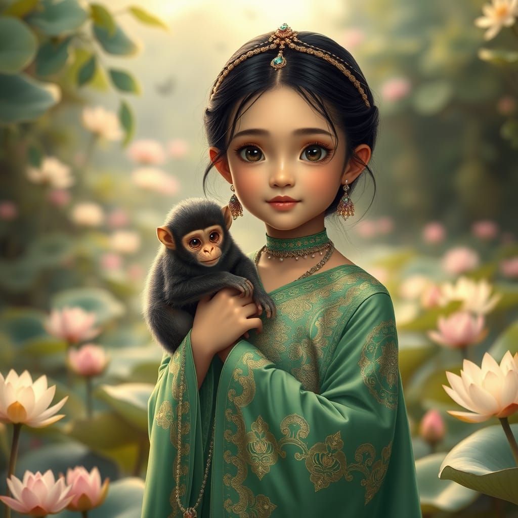 Serene Islamic Princess in Emerald Gown with Playf... - AI Art