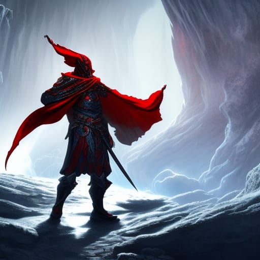 knight with a jagged sword and flowing red cape in a huge icy cavern ...