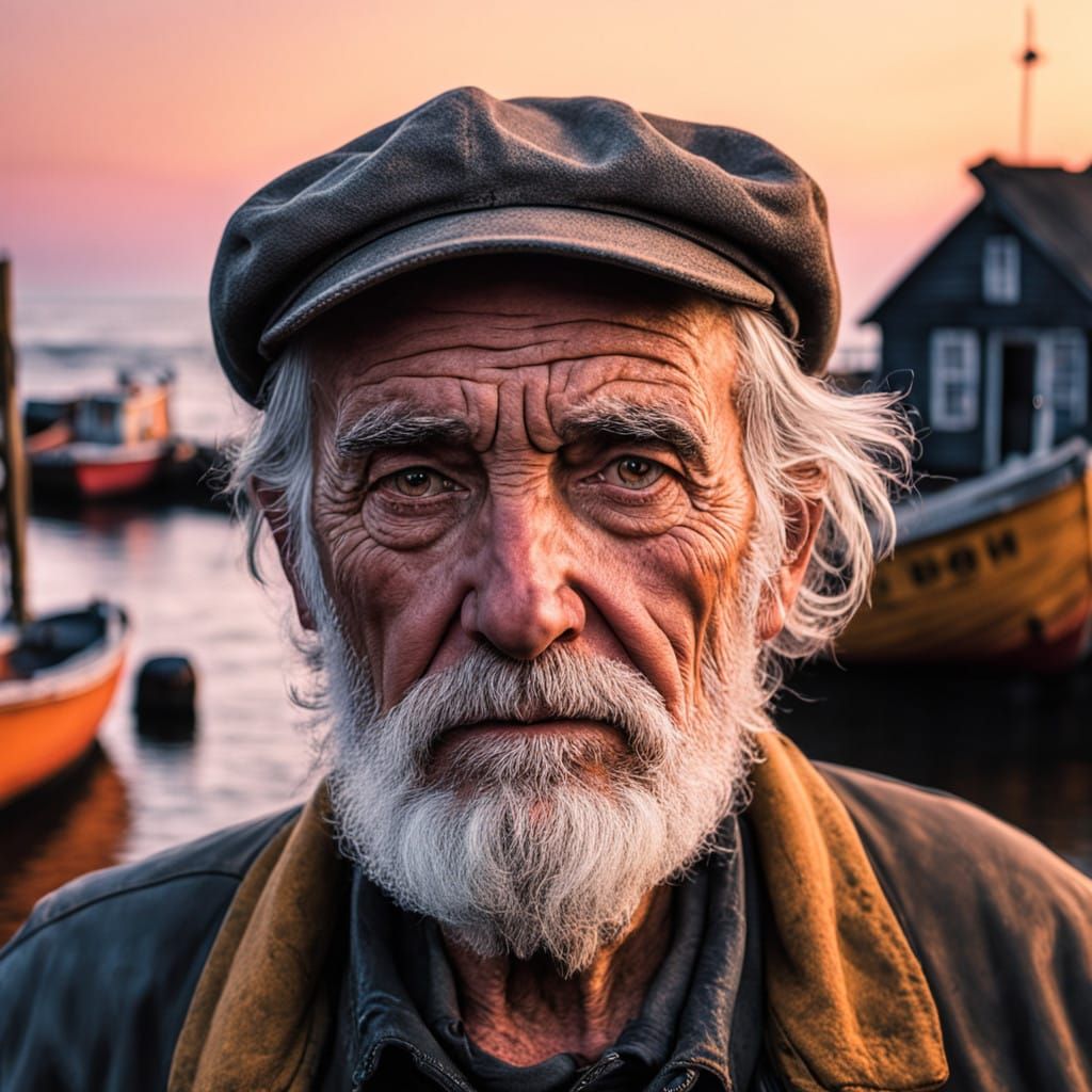 Aged Basque Fisherman in Warm Sunset, Monochrome P... - AI Art