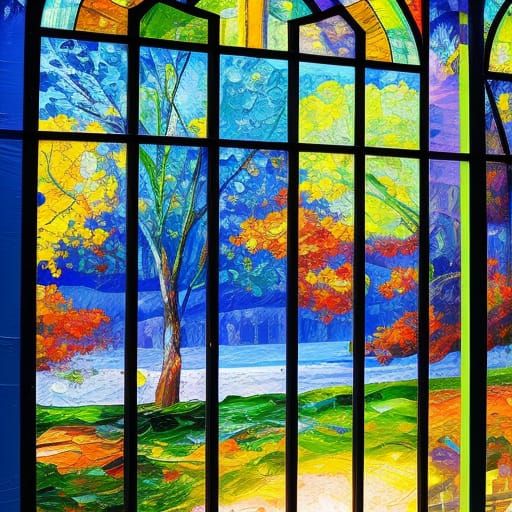 photorealistic stain glass windows depicting mythological creatures neo ...