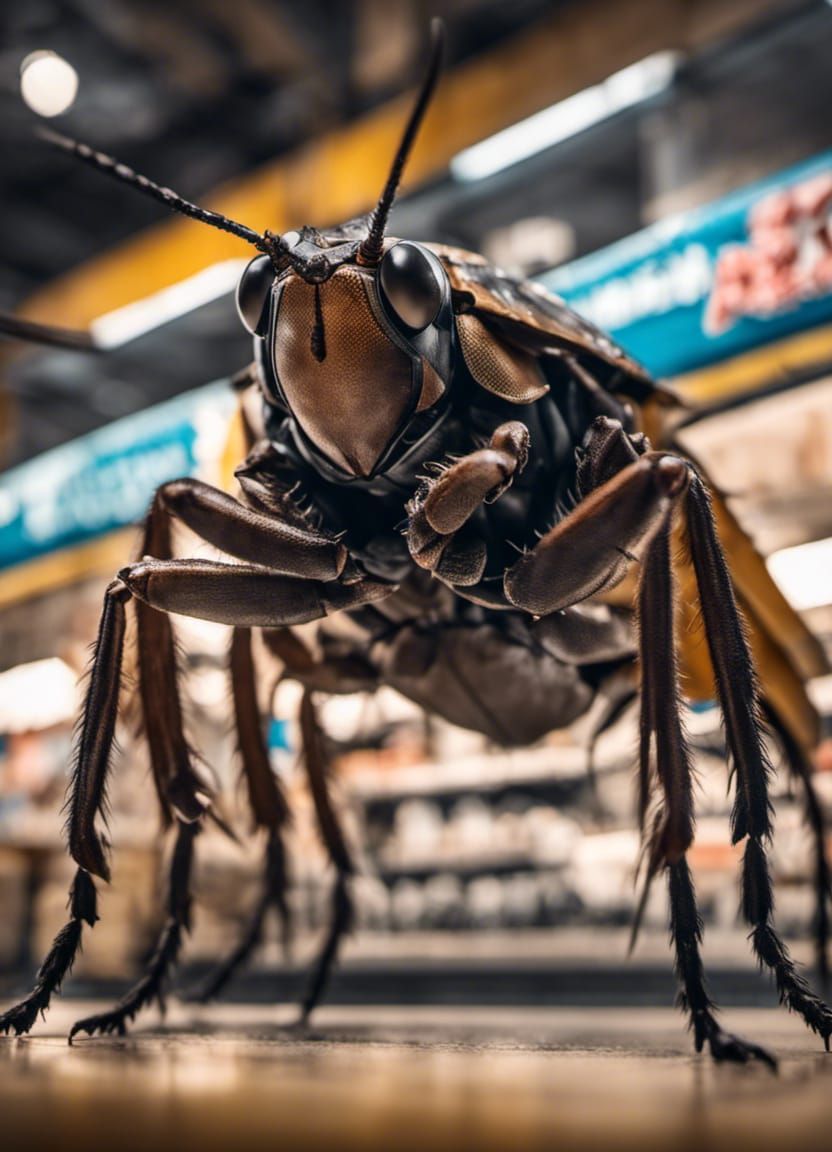 A giant cockroach in uniform working in Walmart, horror movie style ...