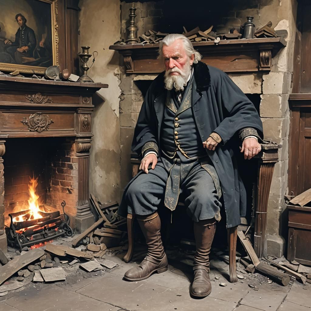 poor old lord in front of fireplace in disrepair. 5e style. - AI ...