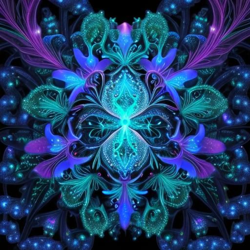 Transparent bioluminescent fractal plants. Luminous opalescent ...