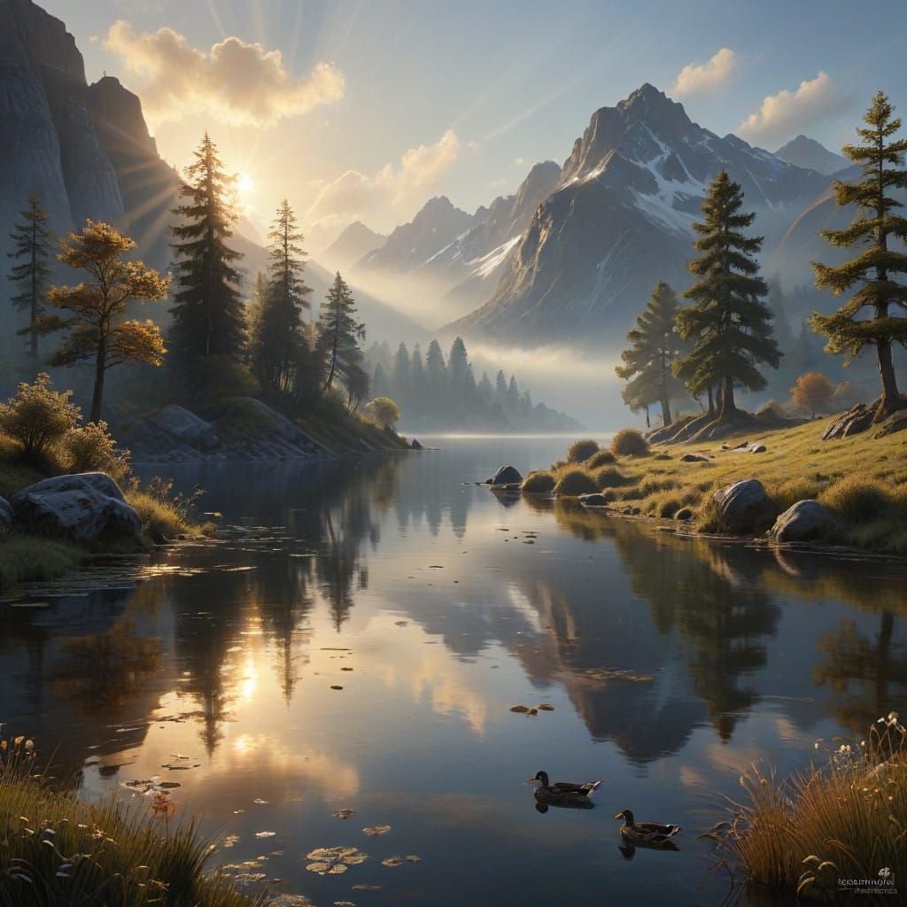 Serene Morning Lake Scene in Stunning 3D - AI Art