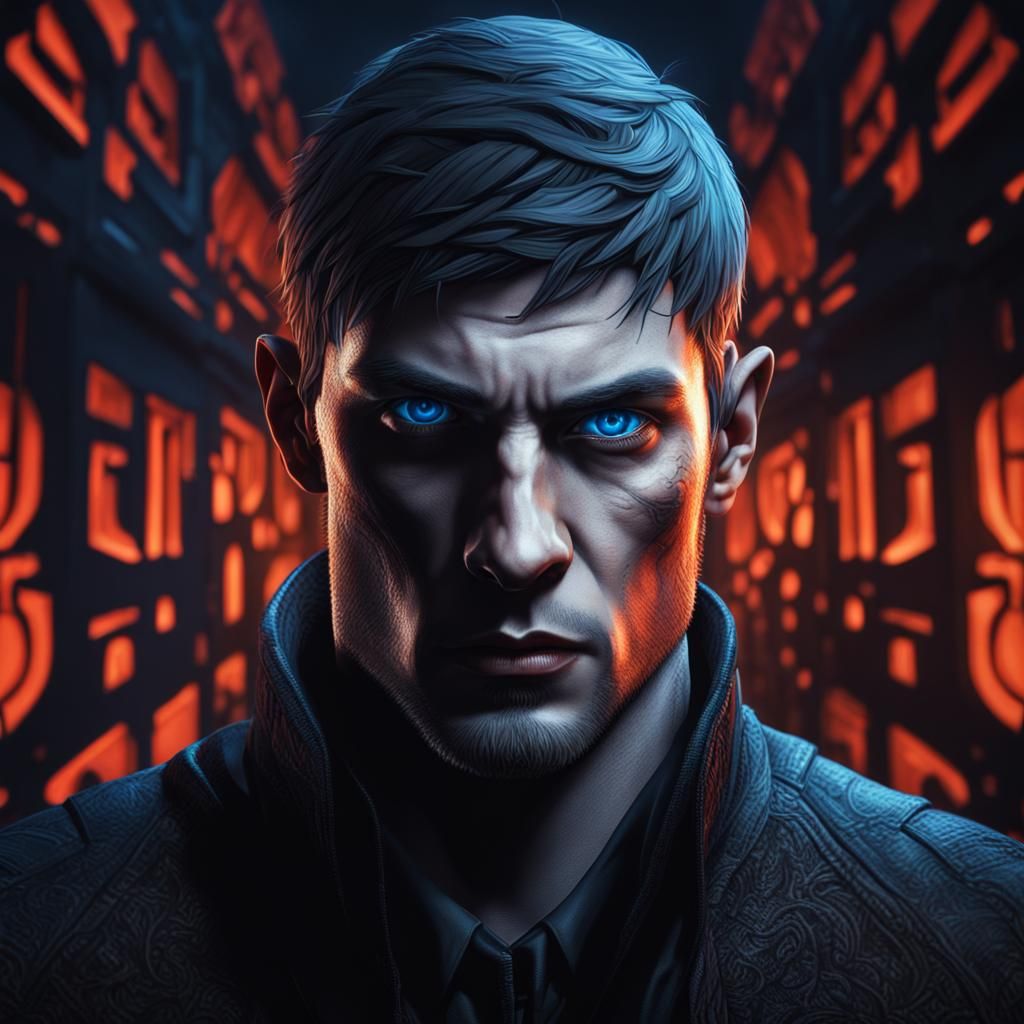 realistic male headshot blue eyed realistic modern human assassin, dark ...