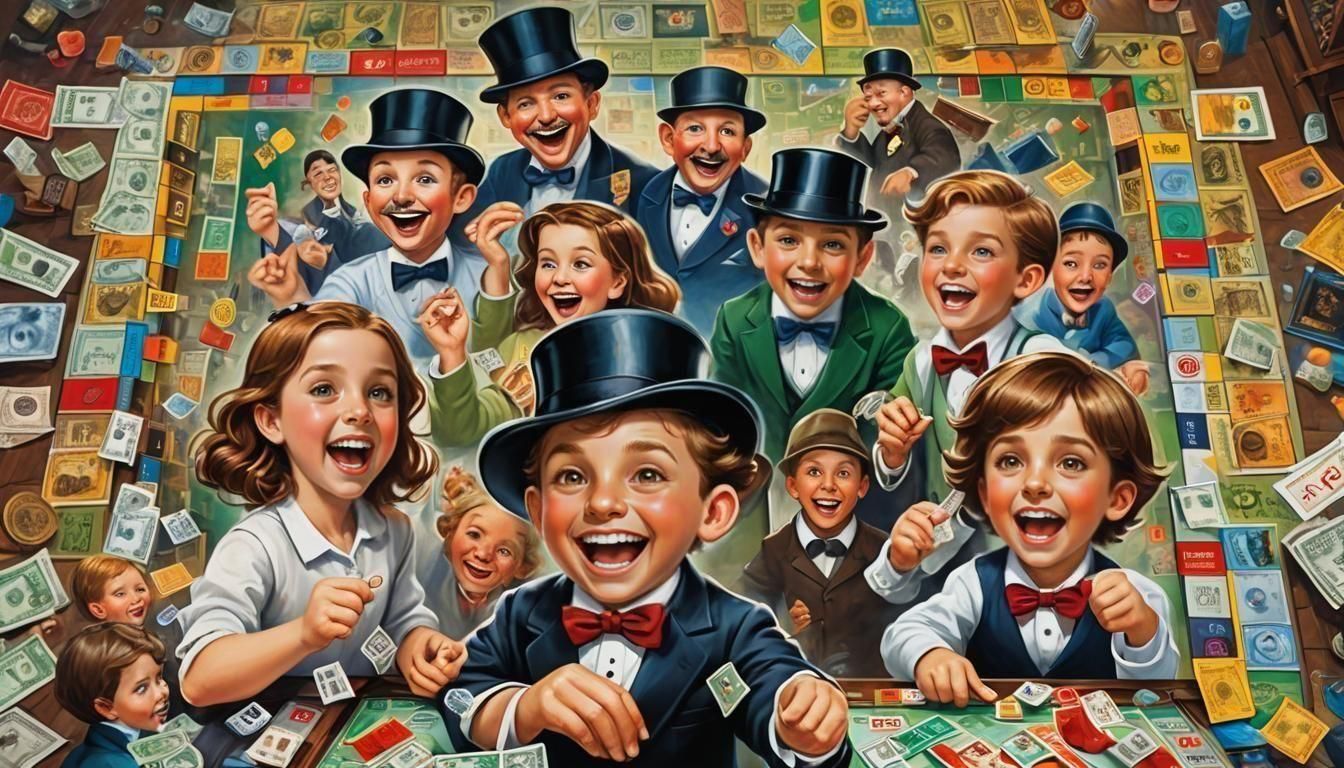 A lively group of children engaged in a spirited game of Monopoly ...