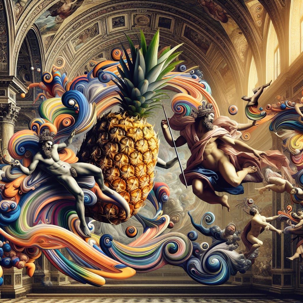 An anthropomorphic Pineapple God Dancing with a Creature from a ...