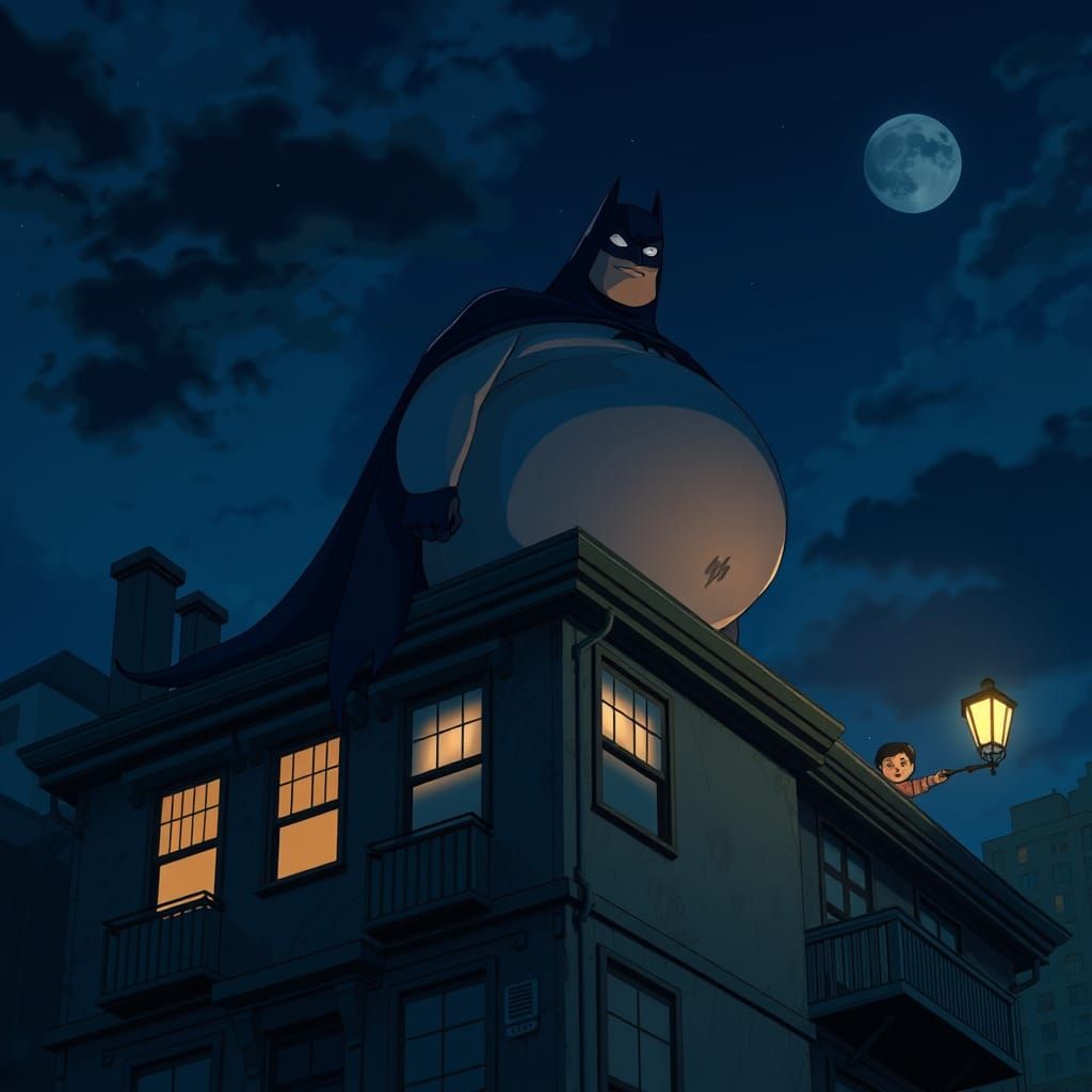 Cartoon morbidly obese, deformed Batman on top of a vintage building ...
