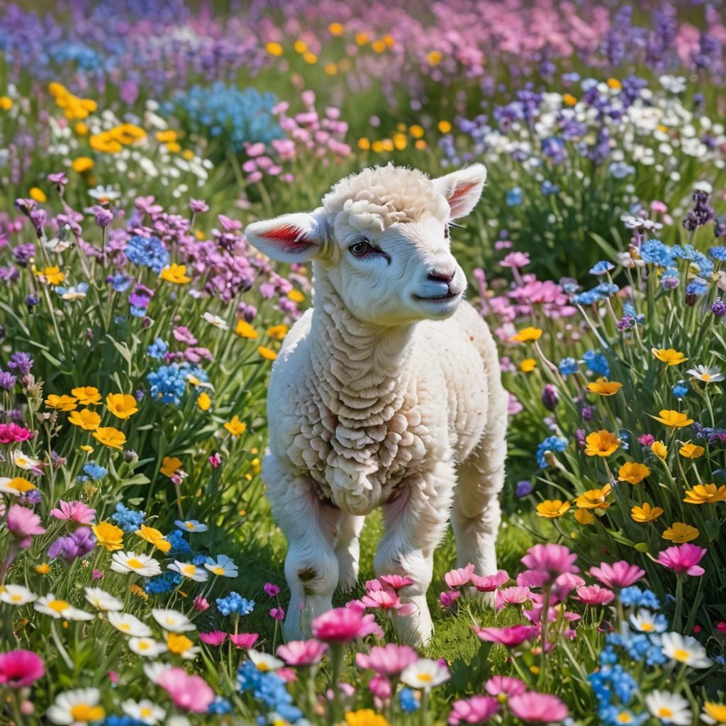 Lamb in Wildflower Meadow 13 - AI Generated Artwork - NightCafe Creator