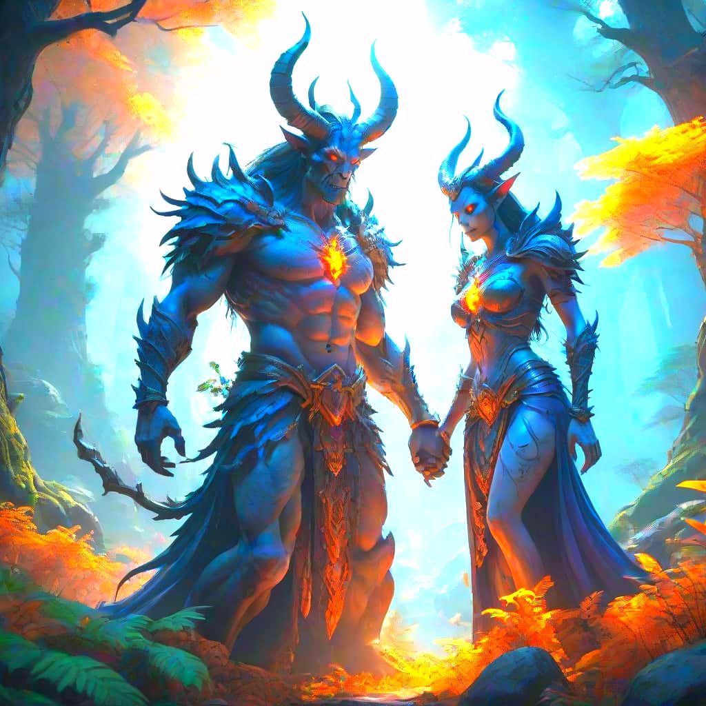 Ethereal Demon Lovers in Vibrant Fantasy Realm - AI Art