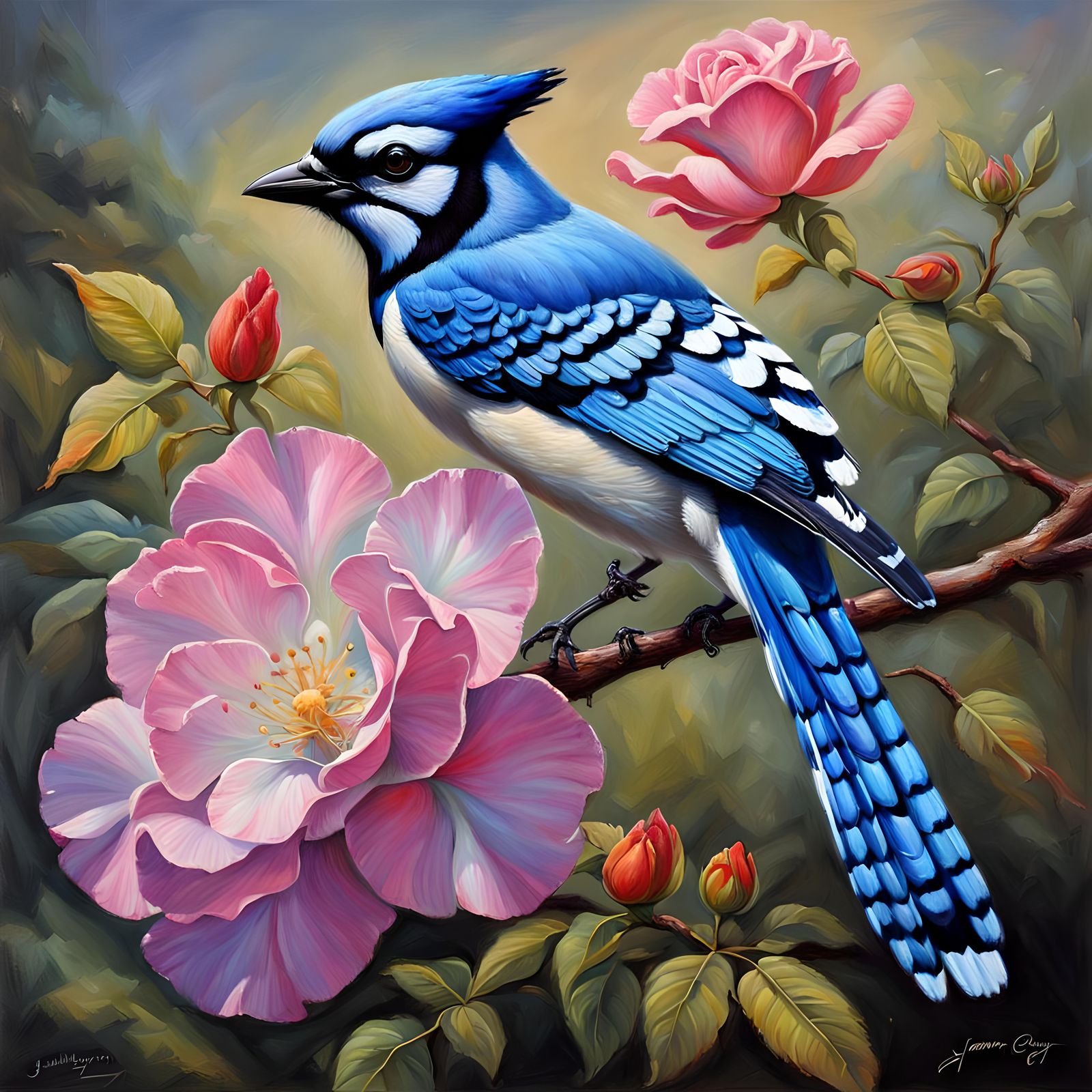 A beautiful Rainbow Blue Jay China rose oil painting by James Gurney ...