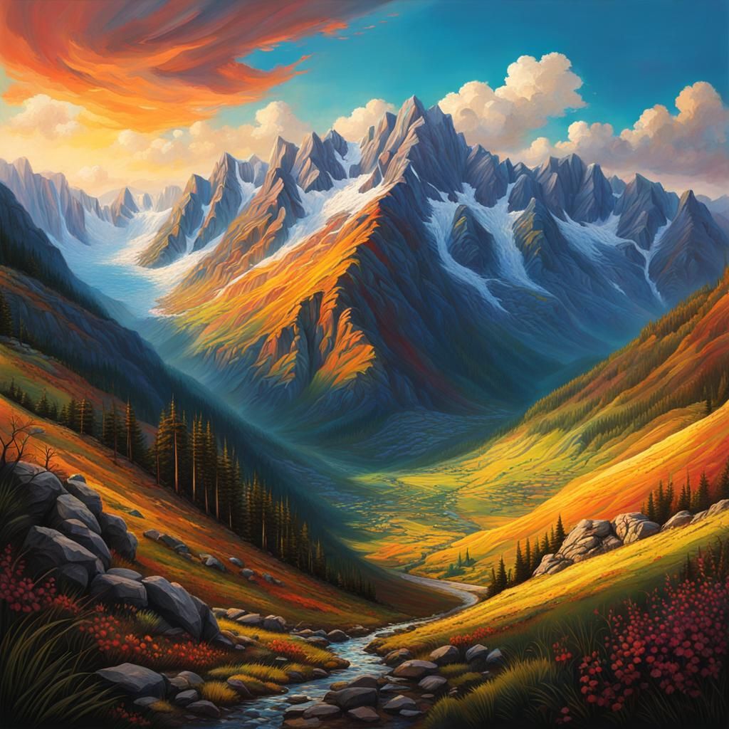 a realistic drawing of mountains created with the union of artificial ...