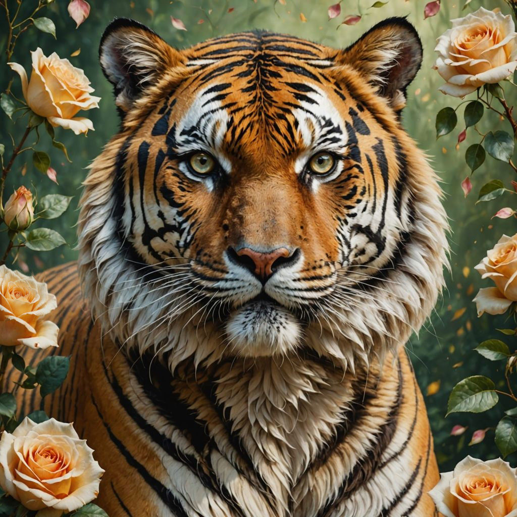 A majestic, face-focused tiger with thick, white and golden fur ...