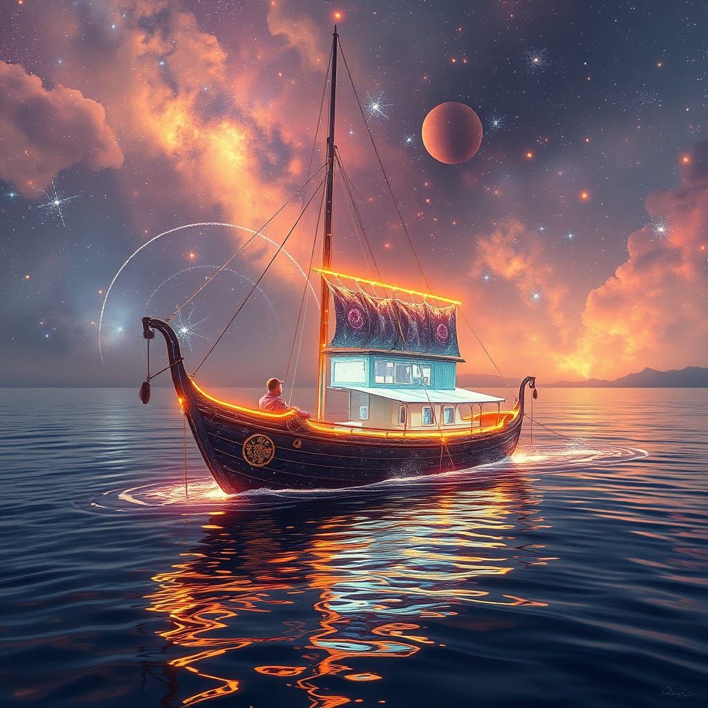 glowing boat - Ethereal Boat in Celestial Holographic Illum...