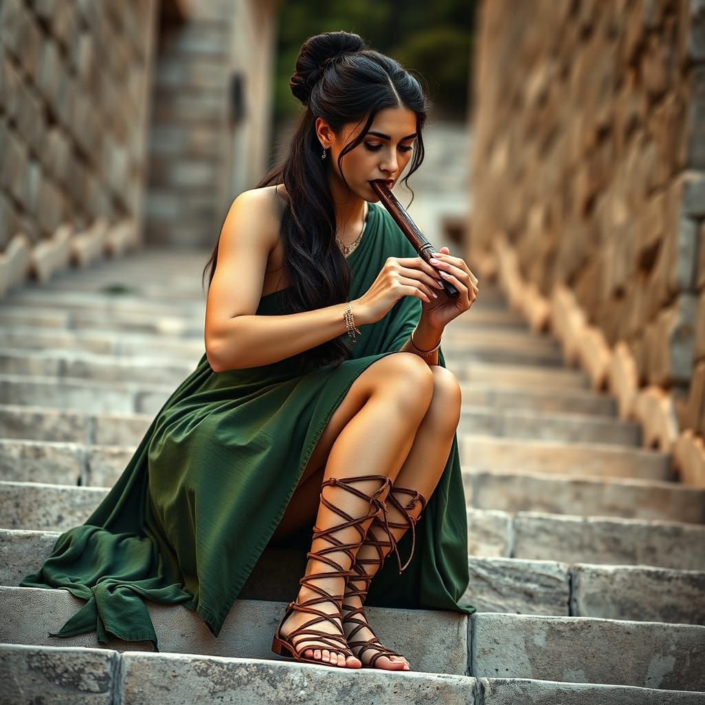 Elegant Ancient Greek Flute Player on Worn Stone S... - AI Art