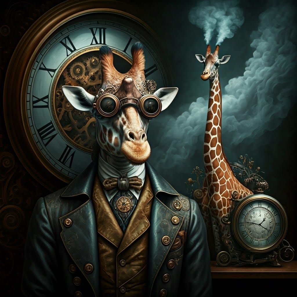 Giraffe Clown in Steampunk Regalia Beside a Whimsi... - AI Art