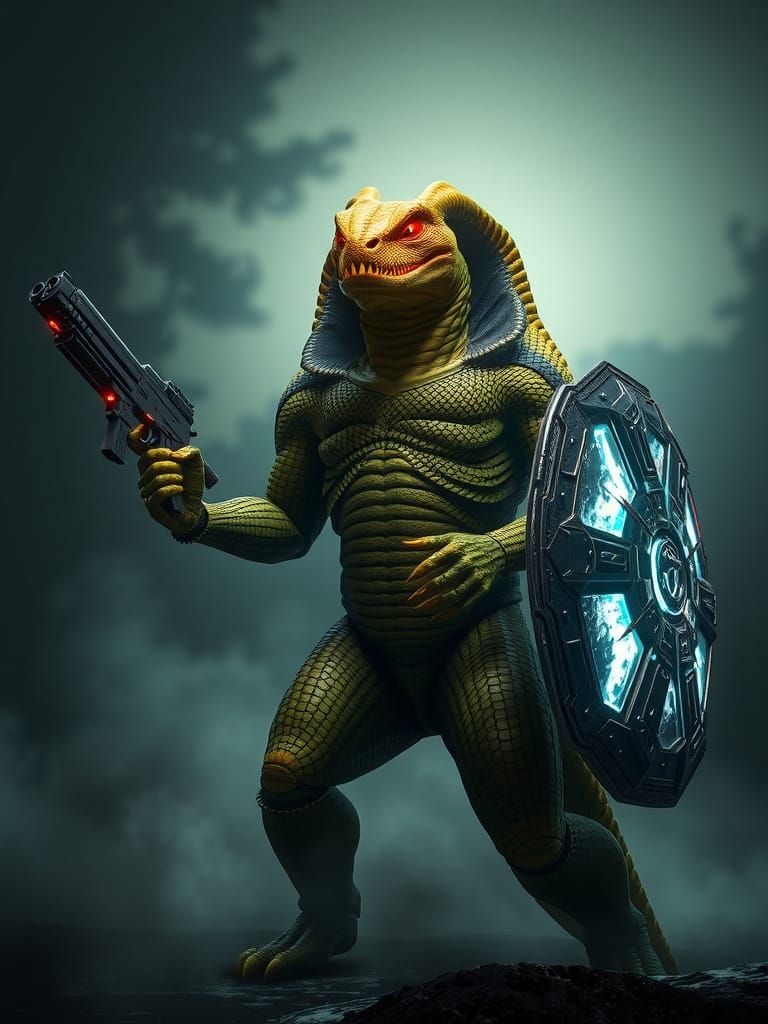 alien warrior - Cyberpunk Alien Warrior in Defensive Stance