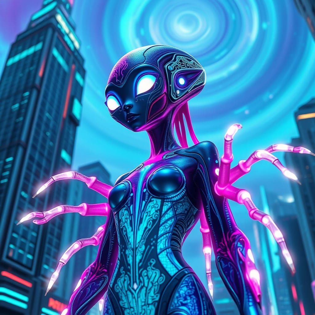 Alien Princess - Cyberpunk Alien Goddess in Electric Blue a...