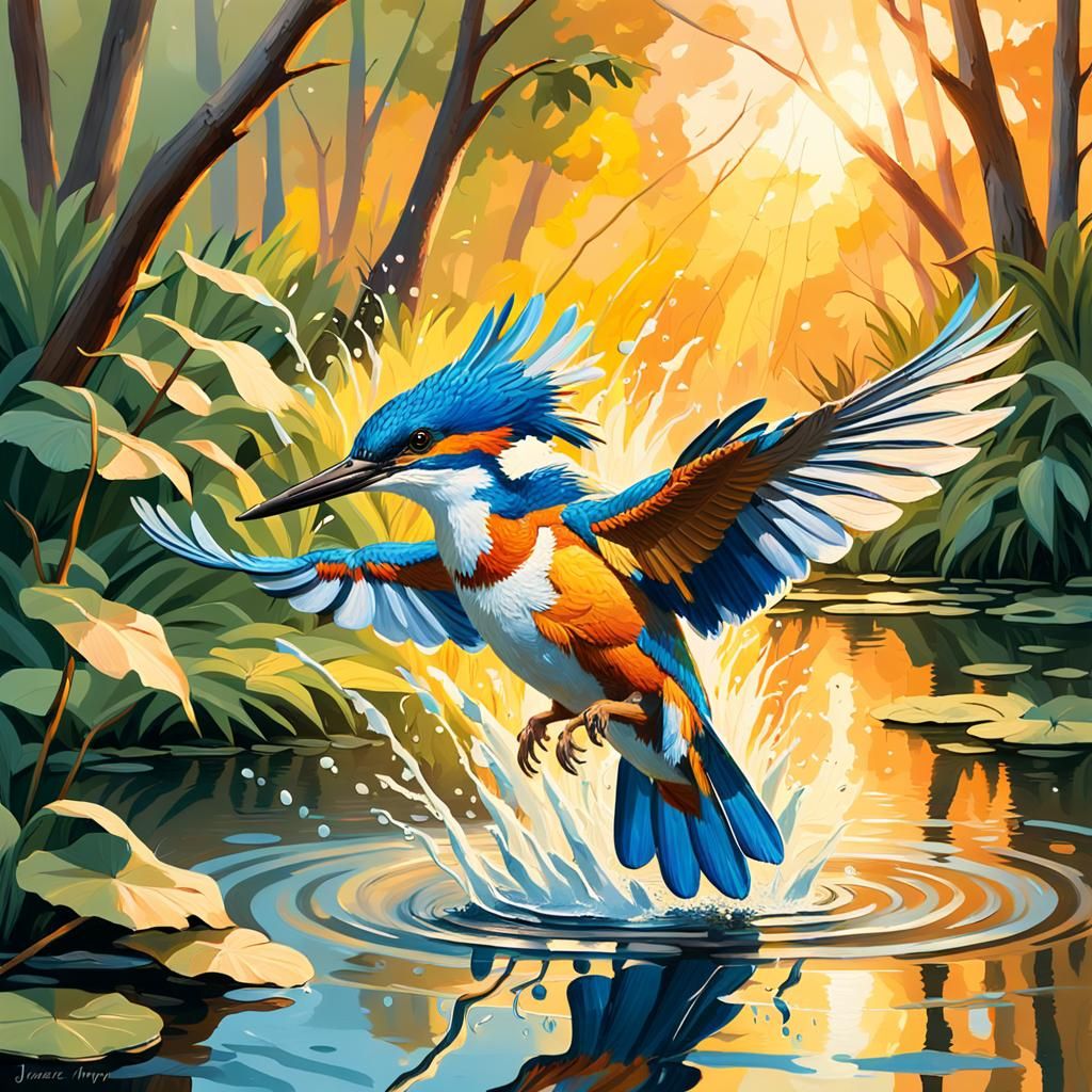 a greeting out of the water - Serene Kingfisher Dives into G...