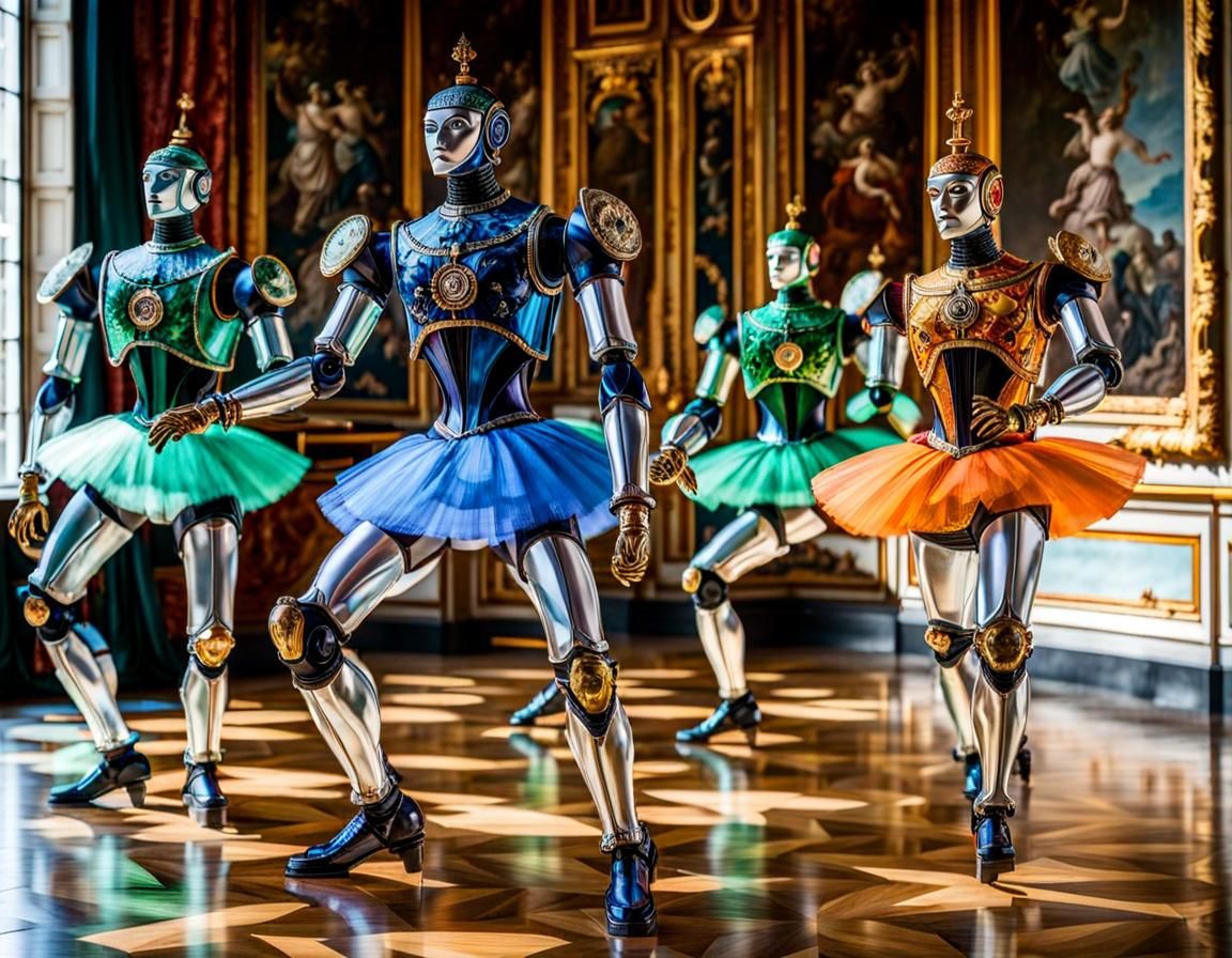 painterly highly detailed transparent multicolored humanoid glass robots dancing ballet, kicking ...