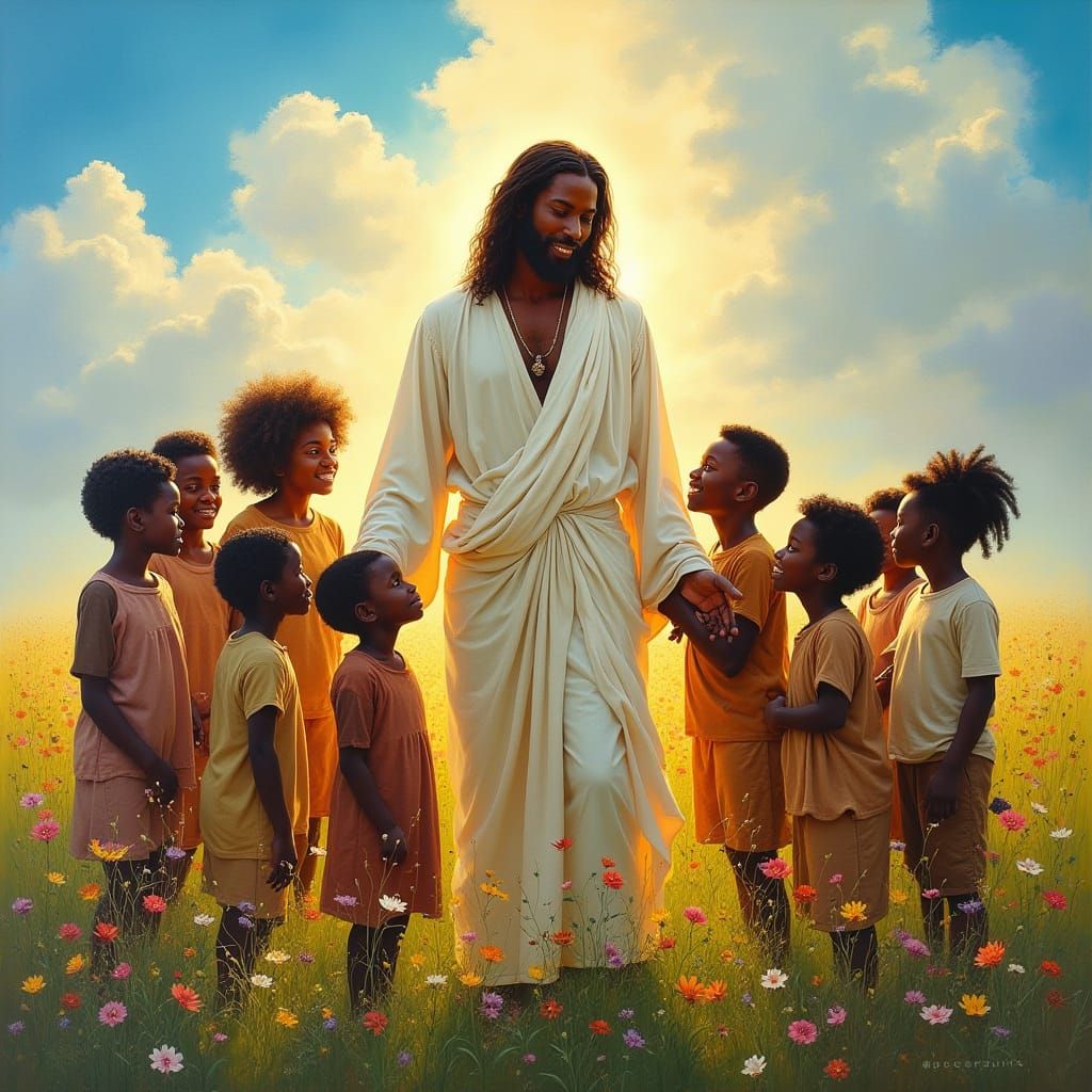 Warm Jesus with Diverse Children in a Vibrant, Dre... - AI Art