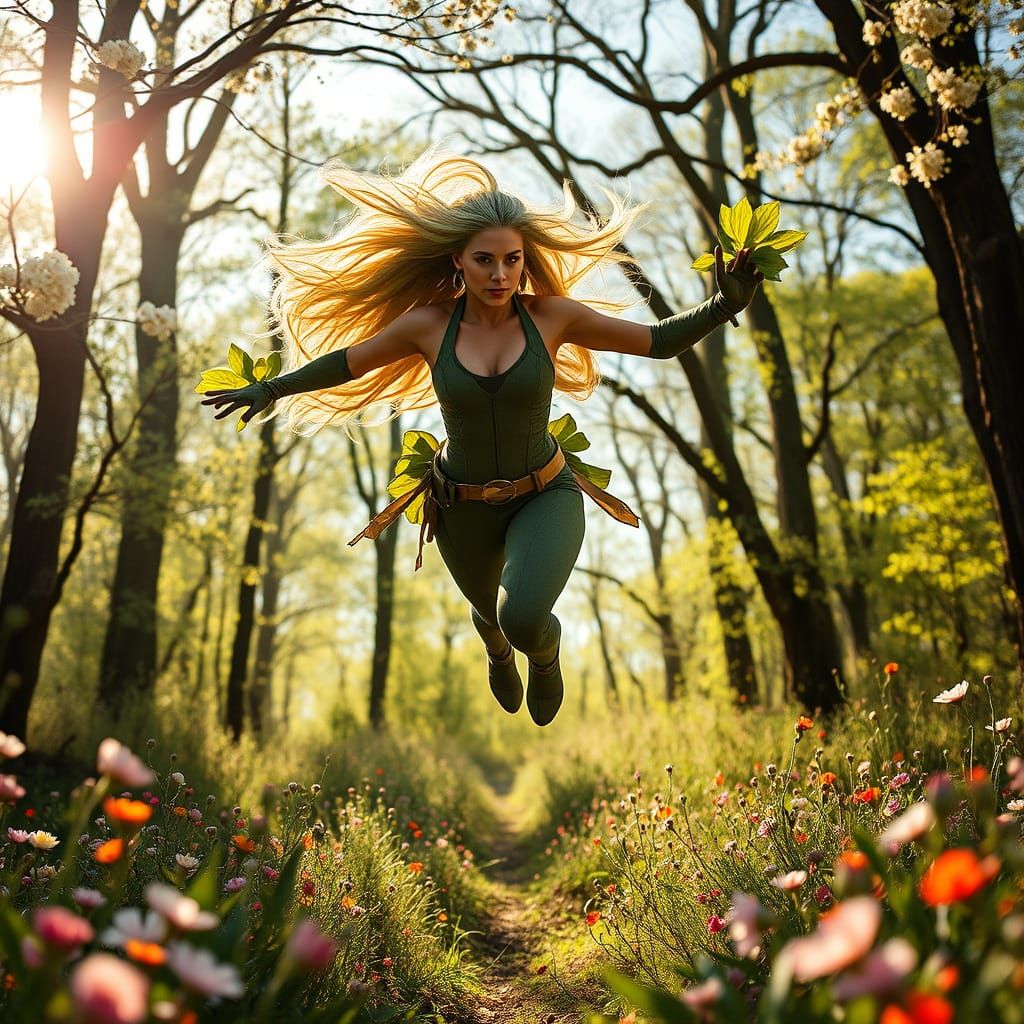 Dynamic Female Superhero Leaps through Vibrant Spr... - AI Art