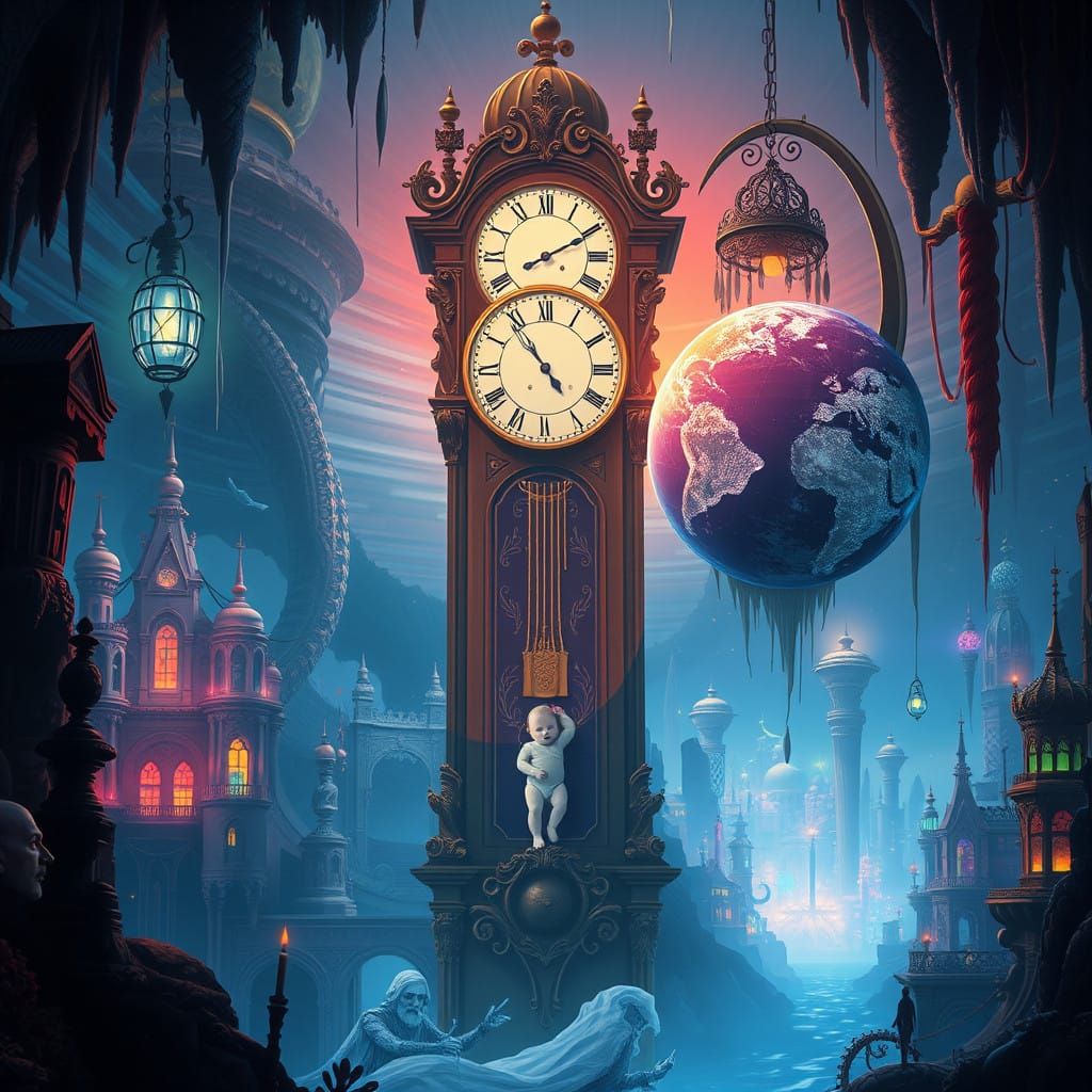Ethereal Janus-Headed Clock in Underwater City at ... - AI Art