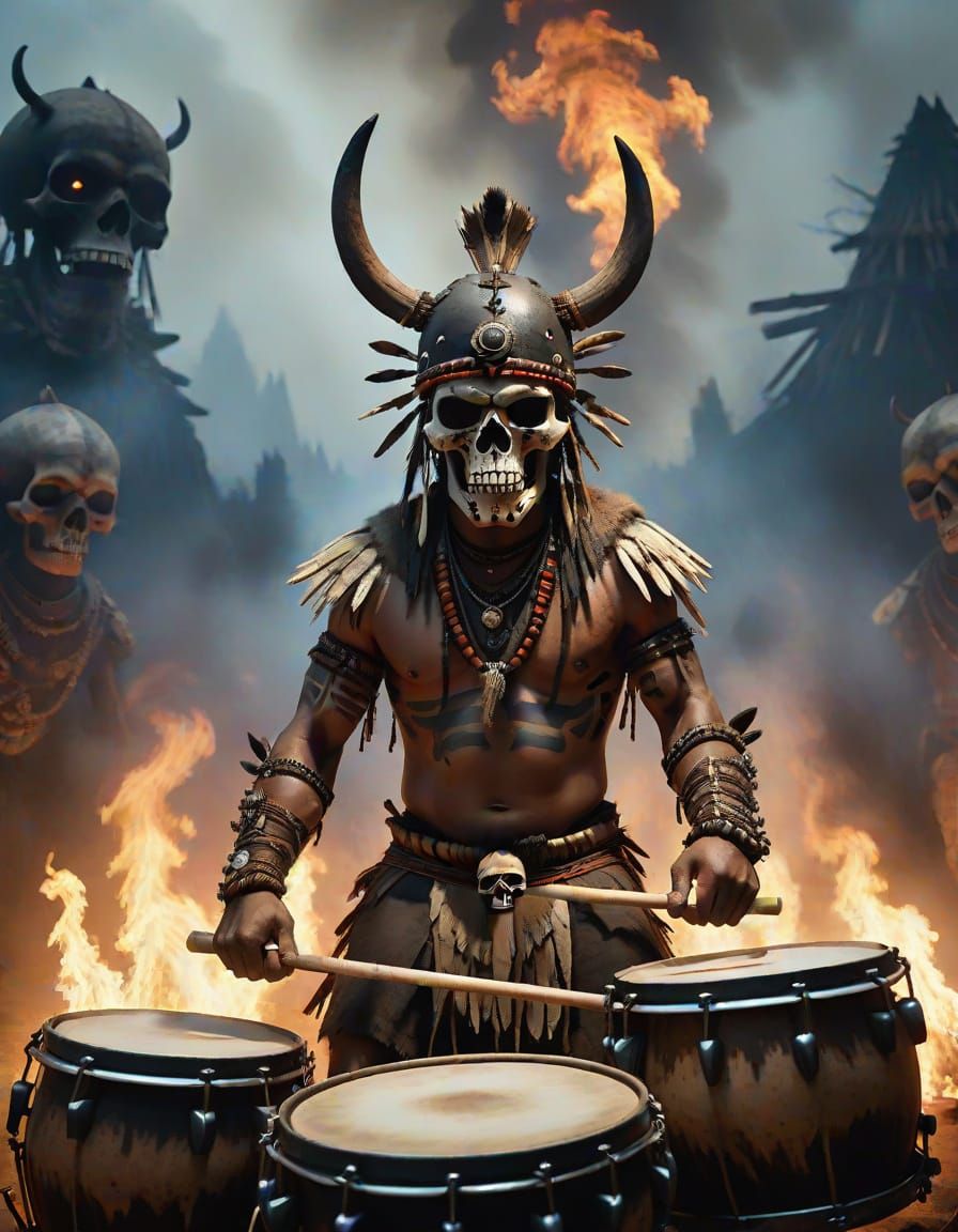 Primitive Drummer Surrounded by Animal Skull Drums... - AI Art